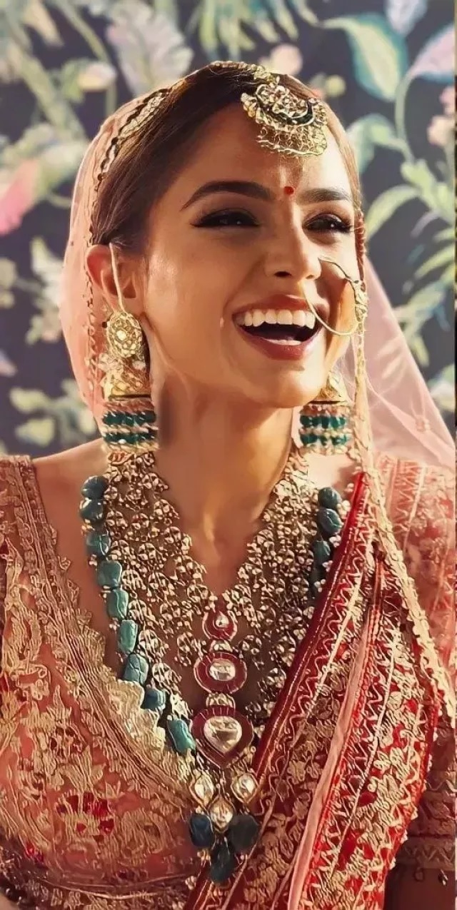 ब्रॉड नेकलेस..हाथों में मेहंदी...लाल चूड़ा..पिंक लहंगे में खूबसूरत ...