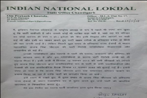 इनेलो ने जारी किया अजय चौटाला के निष्कासन का पत्र - inld released ...