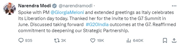 PM मोदी ने इटली की प्रधानमंत्री जियोर्जिया मेलोनी से की बात; G7 सम्मेलन ...